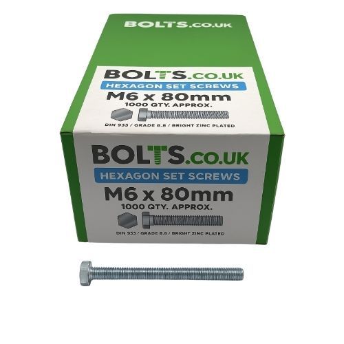 M6 x 80mm - Hexagon Set Screw DIN 933 Grade 8.8 - BZP - Industry Pack of 1000 | Hex Set Screws