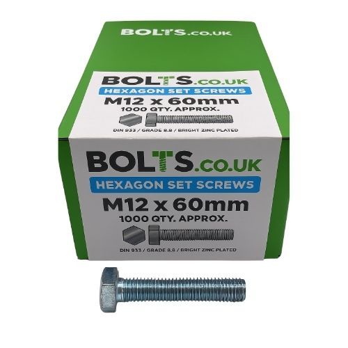 M12 x 60mm - Hexagon Set Screw DIN 933 Grade 8.8 - BZP - Industry Pack of 1000 | Hex Set Screws