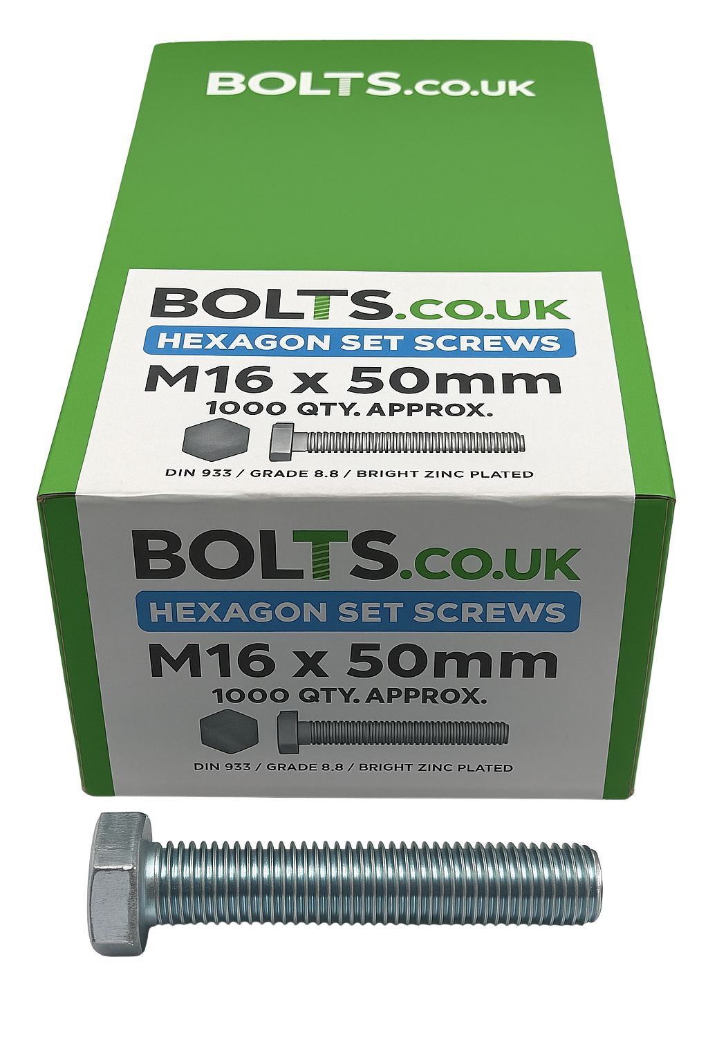 M16 x 50mm - Hexagon Set Screw DIN 933 Grade 8.8 - BZP - Industry Pack of 1000 | Hex Set Screws