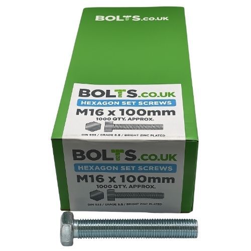 M16 x 100mm - Hexagon Set Screw DIN 933 Grade 8.8 - BZP - Industry Pack of 1000 | Hex Set Screws